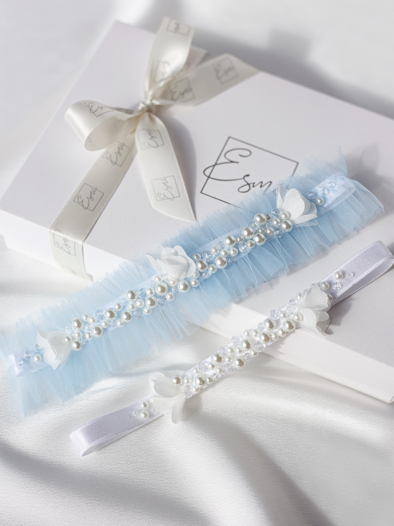 Blue Tulle Wedding Garter Set, Bridal Garter With Pearls - Etsy