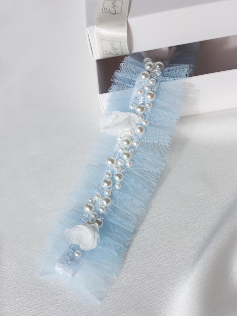 Blue Tulle Wedding Garter Set, Bridal Garter With Pearls - Etsy