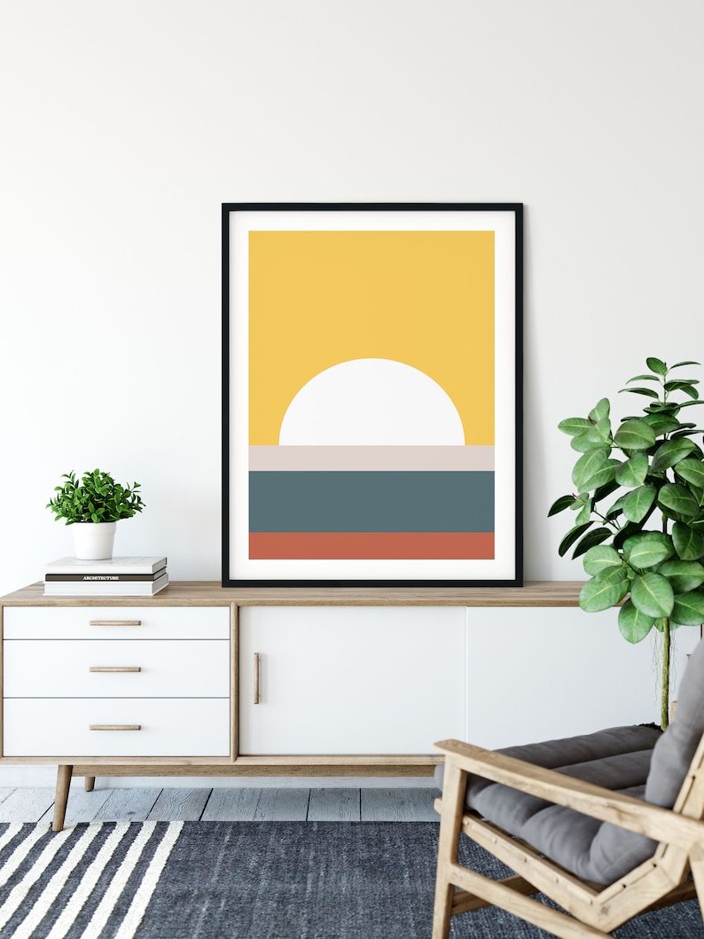 Beach PRINTABLE Art, 70s Sunset Digital Print, Blue Pink Yellow Color ...