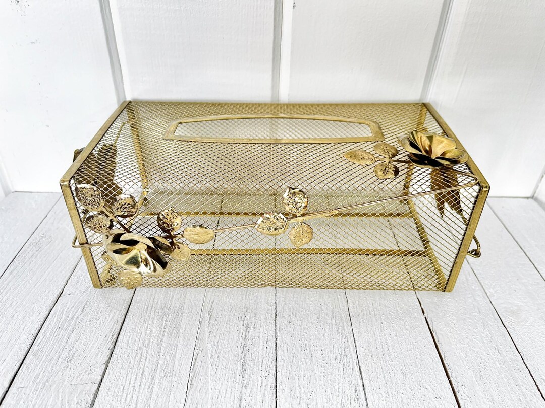Vintage Mid-century Tissue Box Cover, Floral Gold Metal Kleenex Holder ...