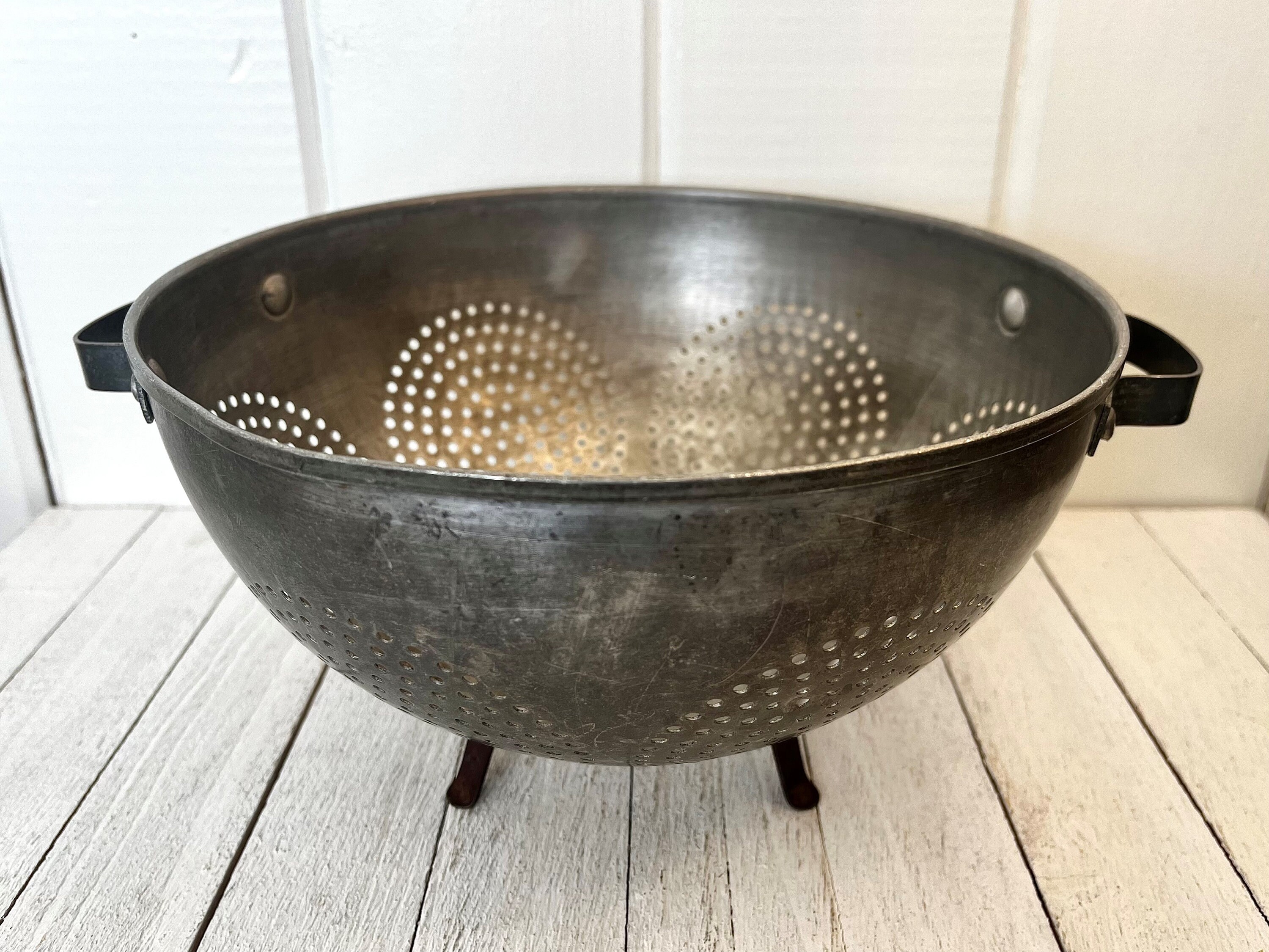 Antique Footed Aluminum Colander Strainer, Primitive Country Farmhouse ...