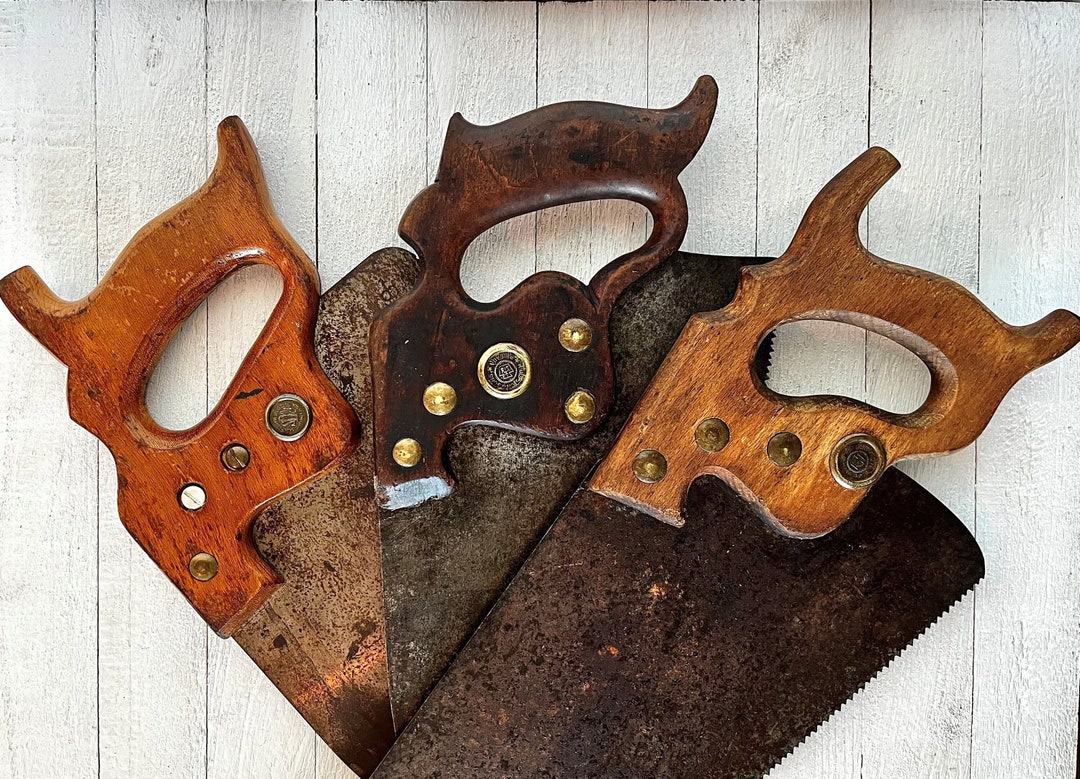 Antique Large Hand Saws, Rustic Wood Handles With Makers Medallions ...