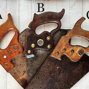 Antique Large Hand Saws, Rustic Wood Handles With Makers Medallions ...