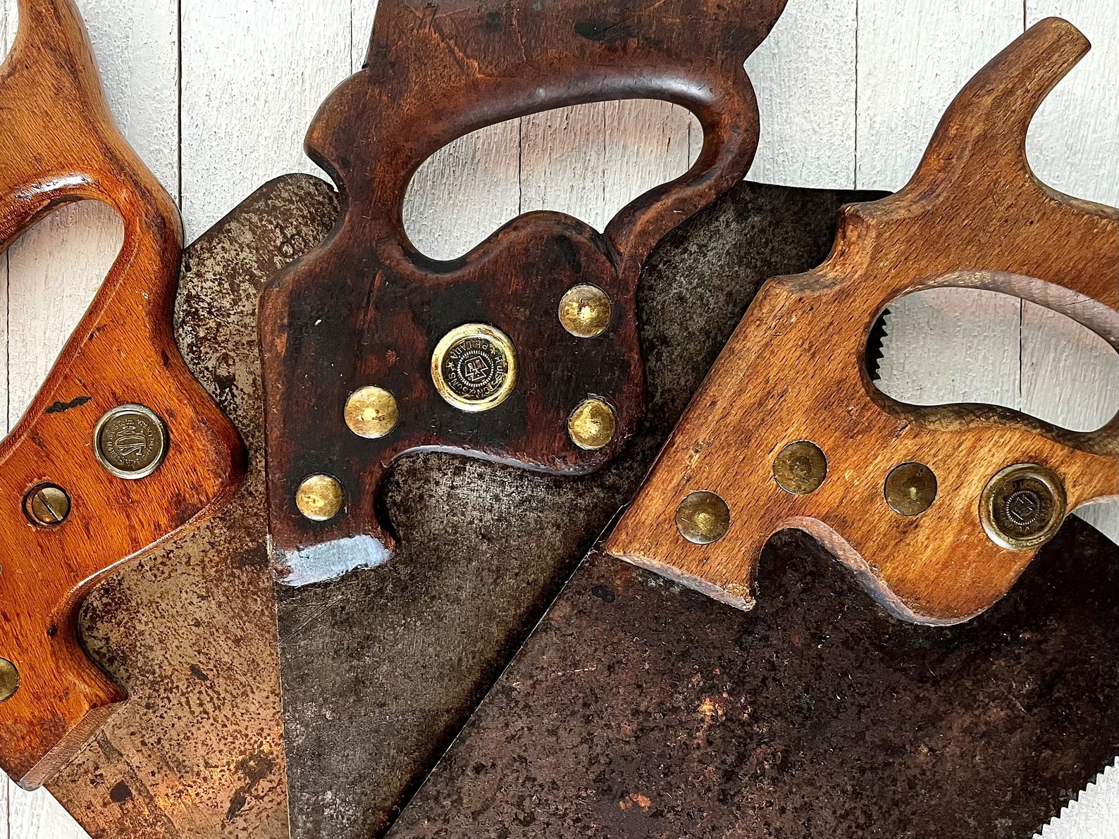 Antique Large Hand Saws, Rustic Wood Handles With Makers Medallions ...