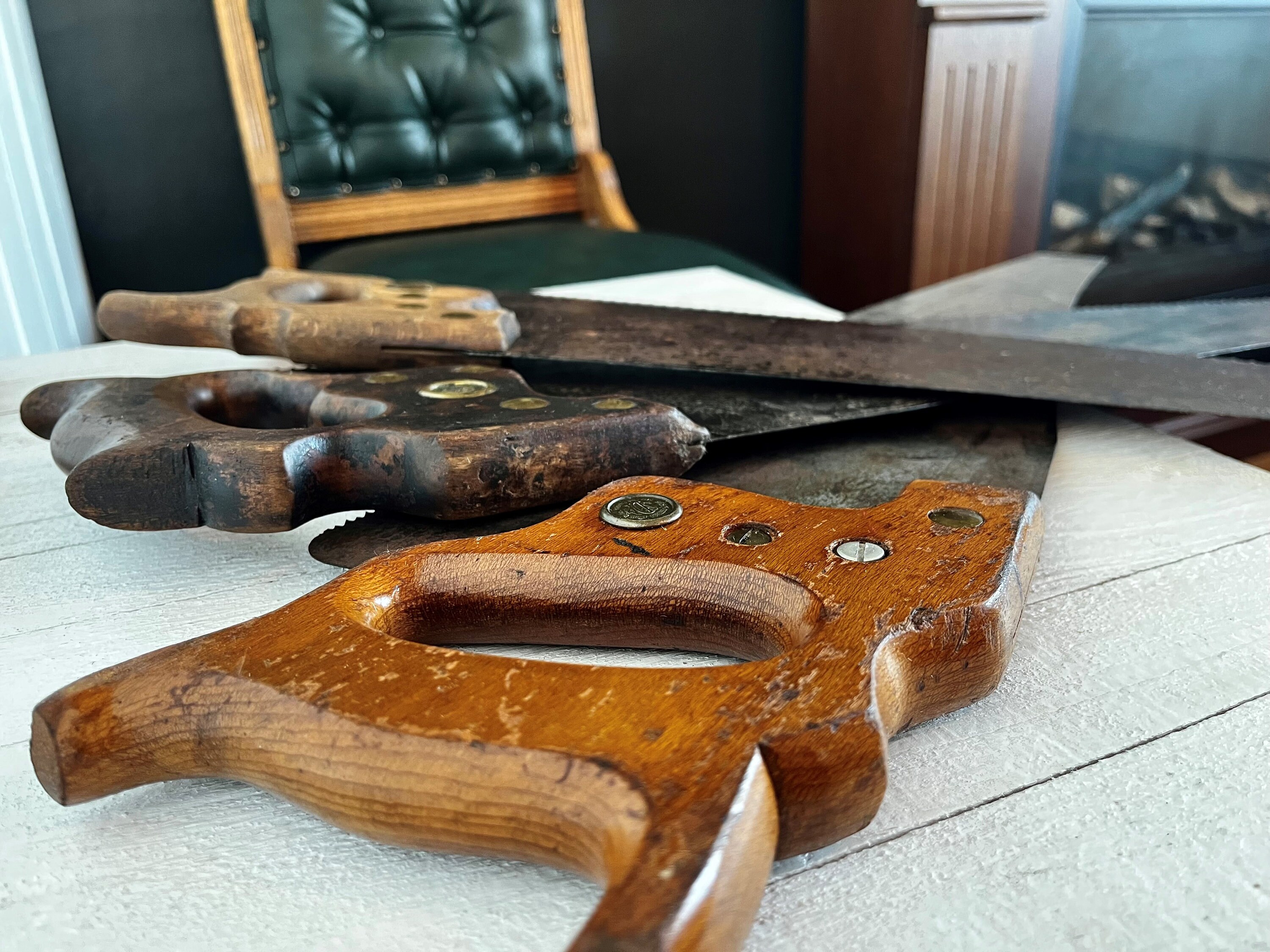 Antique Large Hand Saws, Rustic Wood Handles With Makers Medallions ...