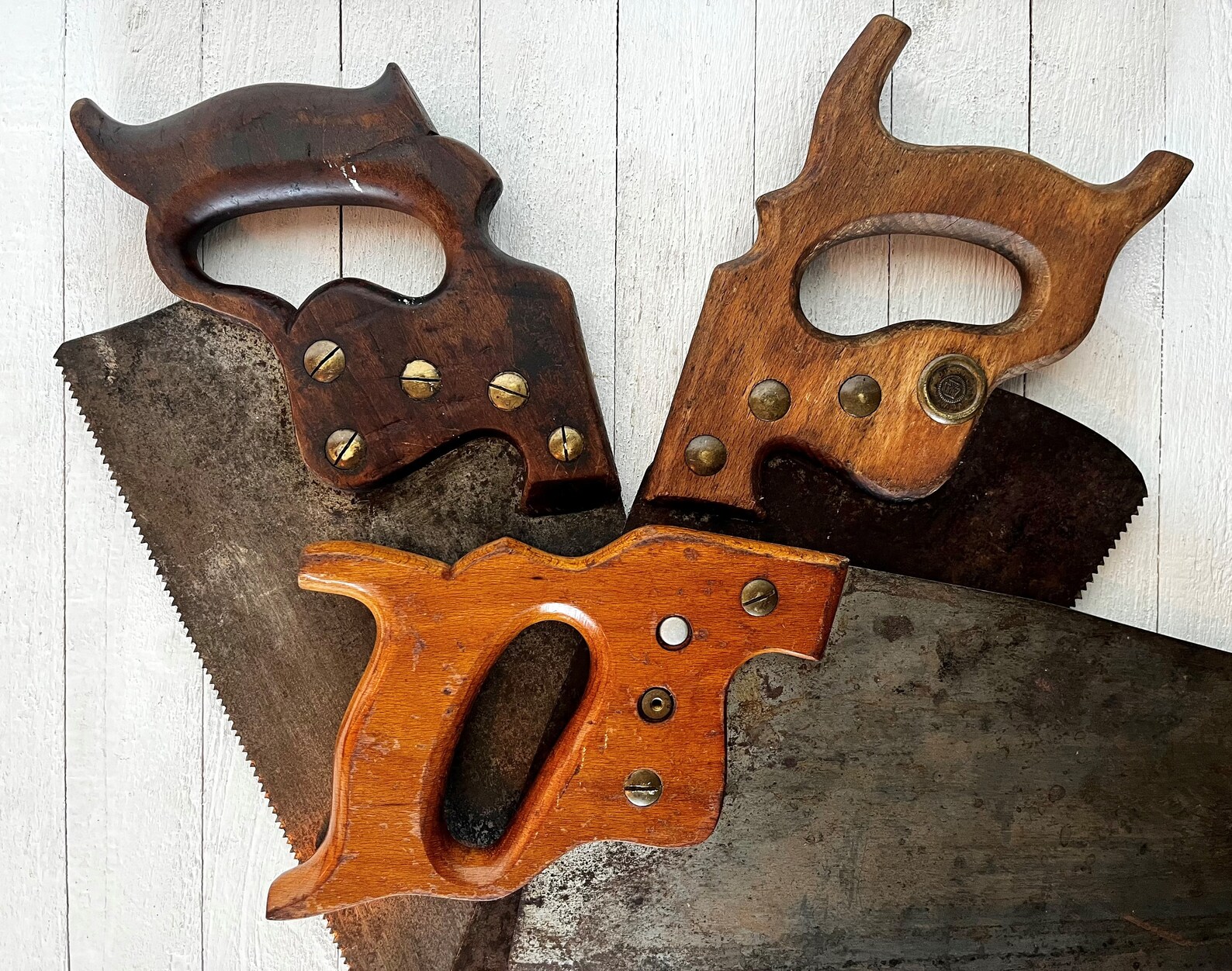 Antique Large Hand Saws, Rustic Wood Handles With Makers Medallions ...