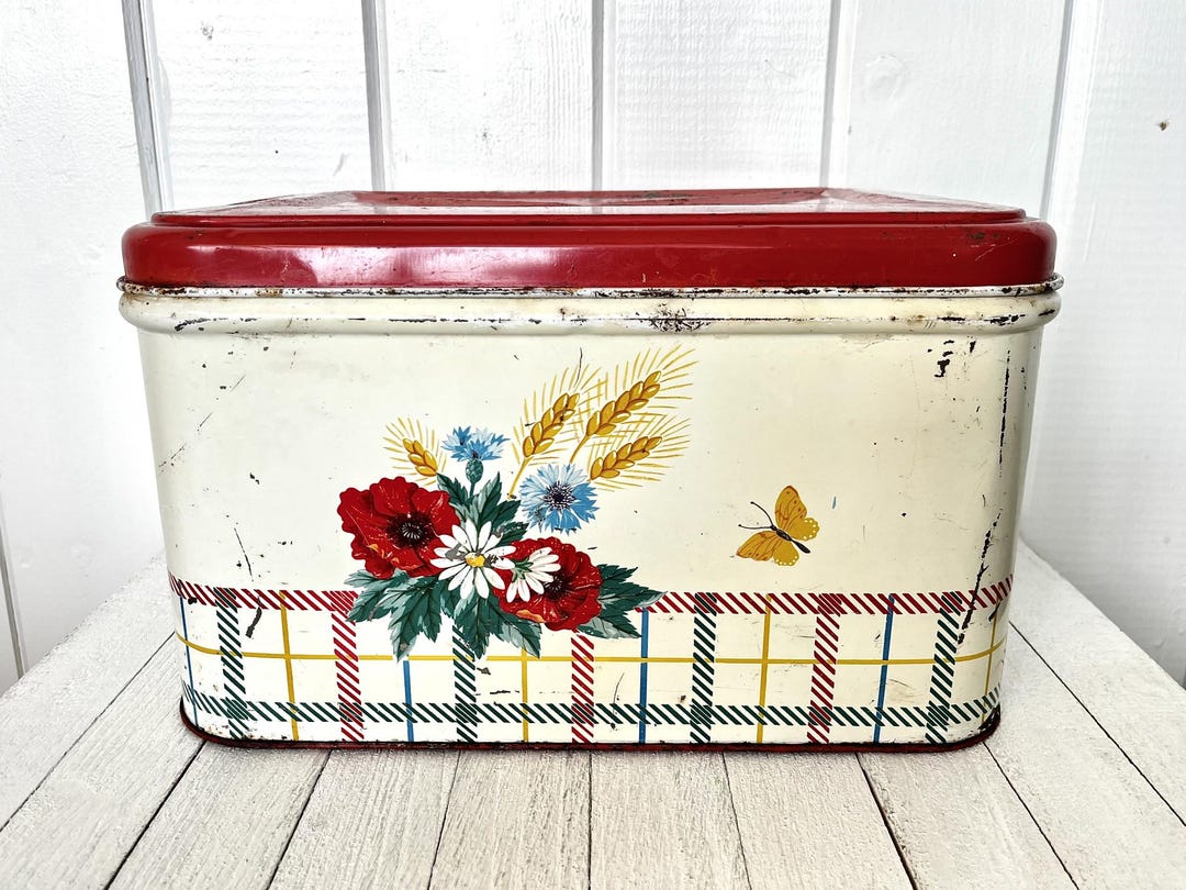 Vintage Bread Box Tin, Red & Cream White, Floral and Tartan, Country ...