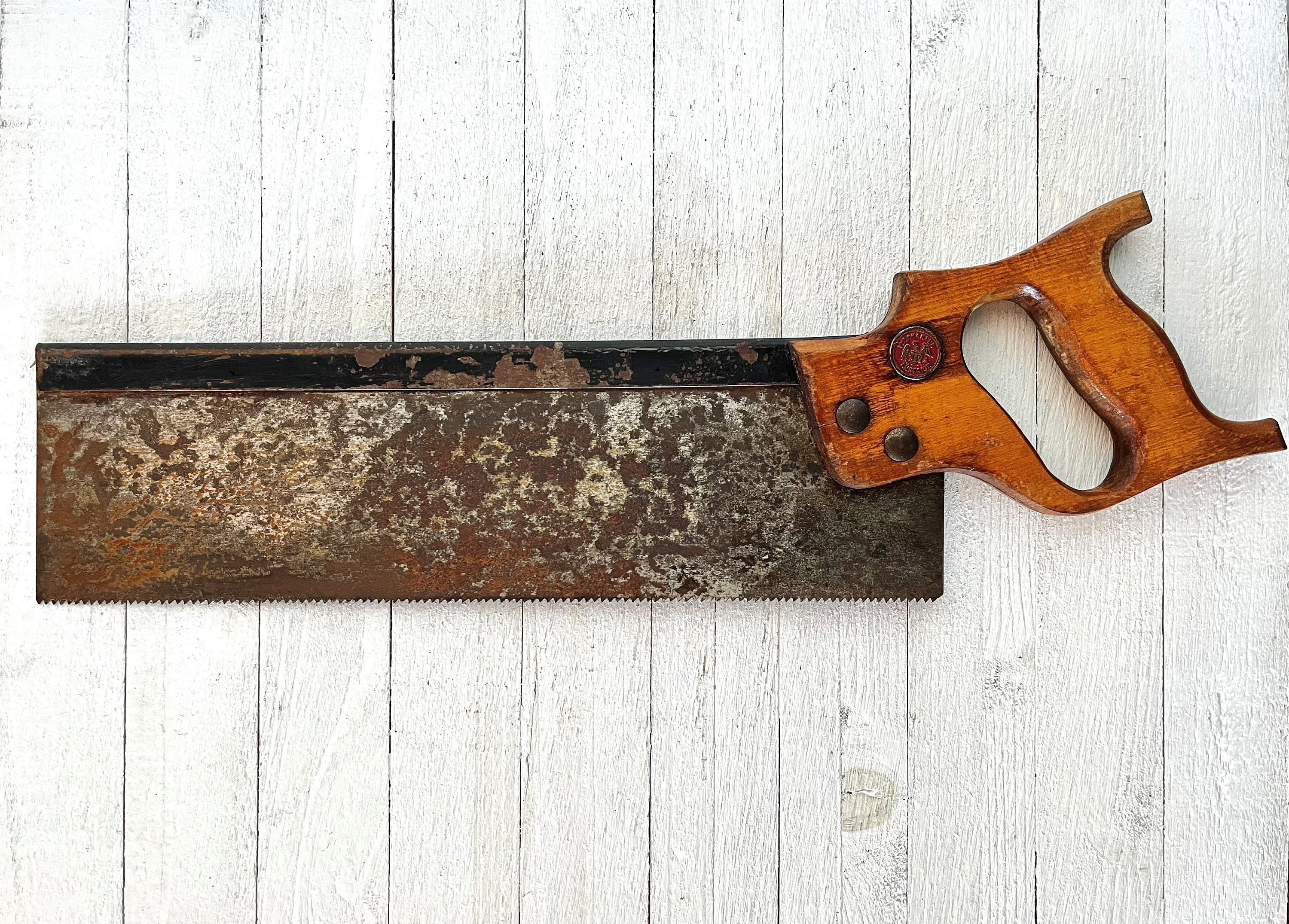Antique Large Hand Saw, Rustic Wood Handles With Medallions, Industrial ...