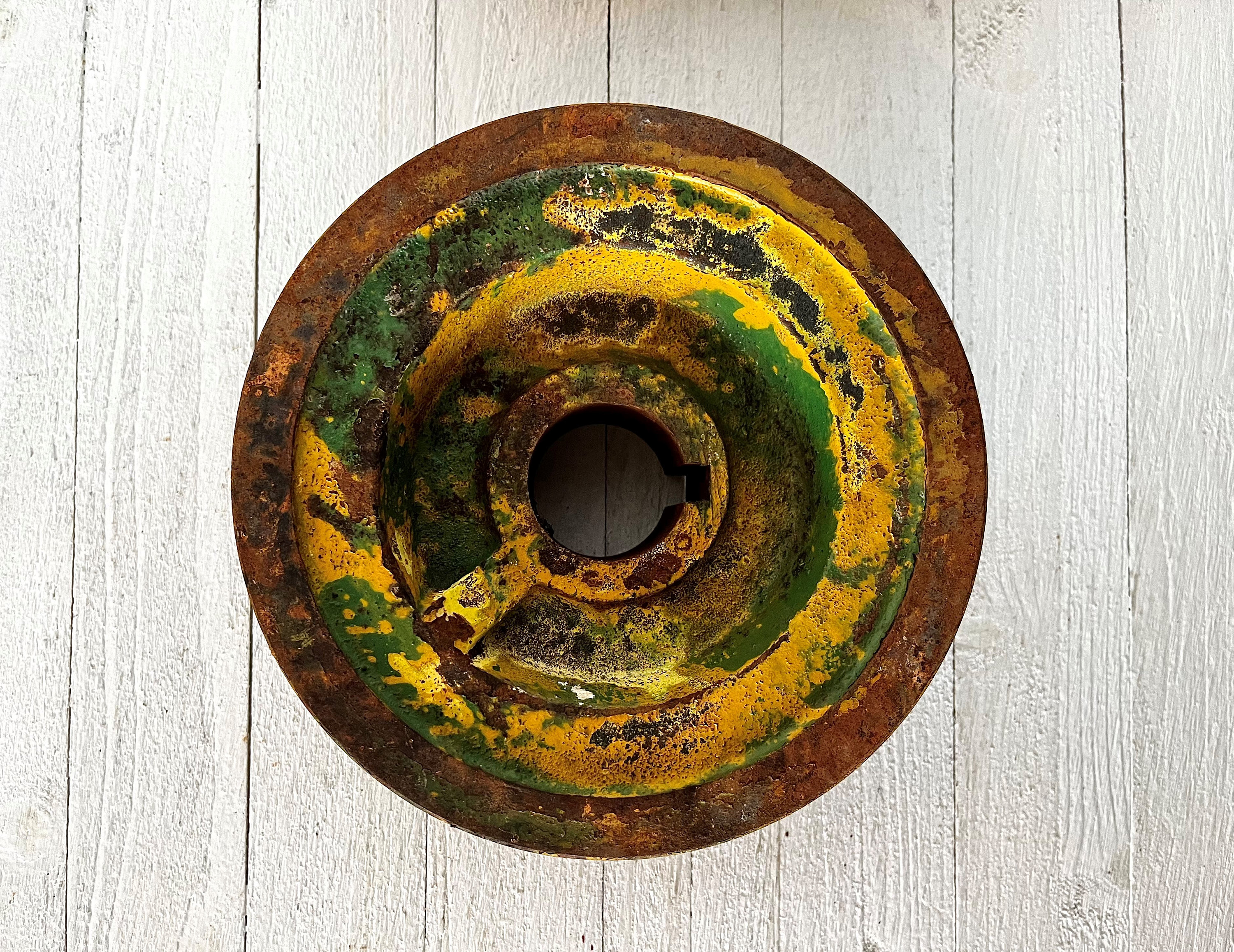 Antique Cast Iron Pulley Wheel, Green & Yellow Chippy Paint w/ Rust ...
