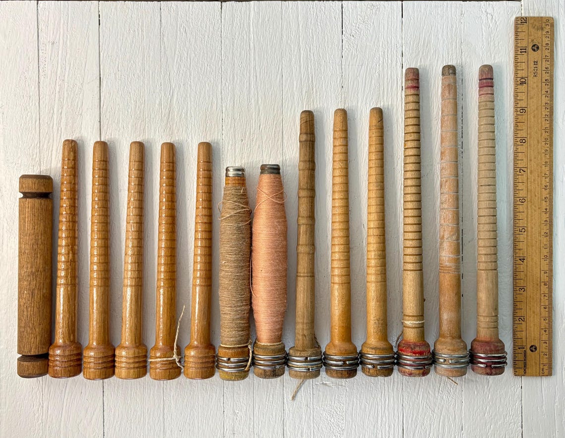 Set of 14 Antique Wooden Spindles/ Bobbins/ Spools, Primitive Upcycled ...