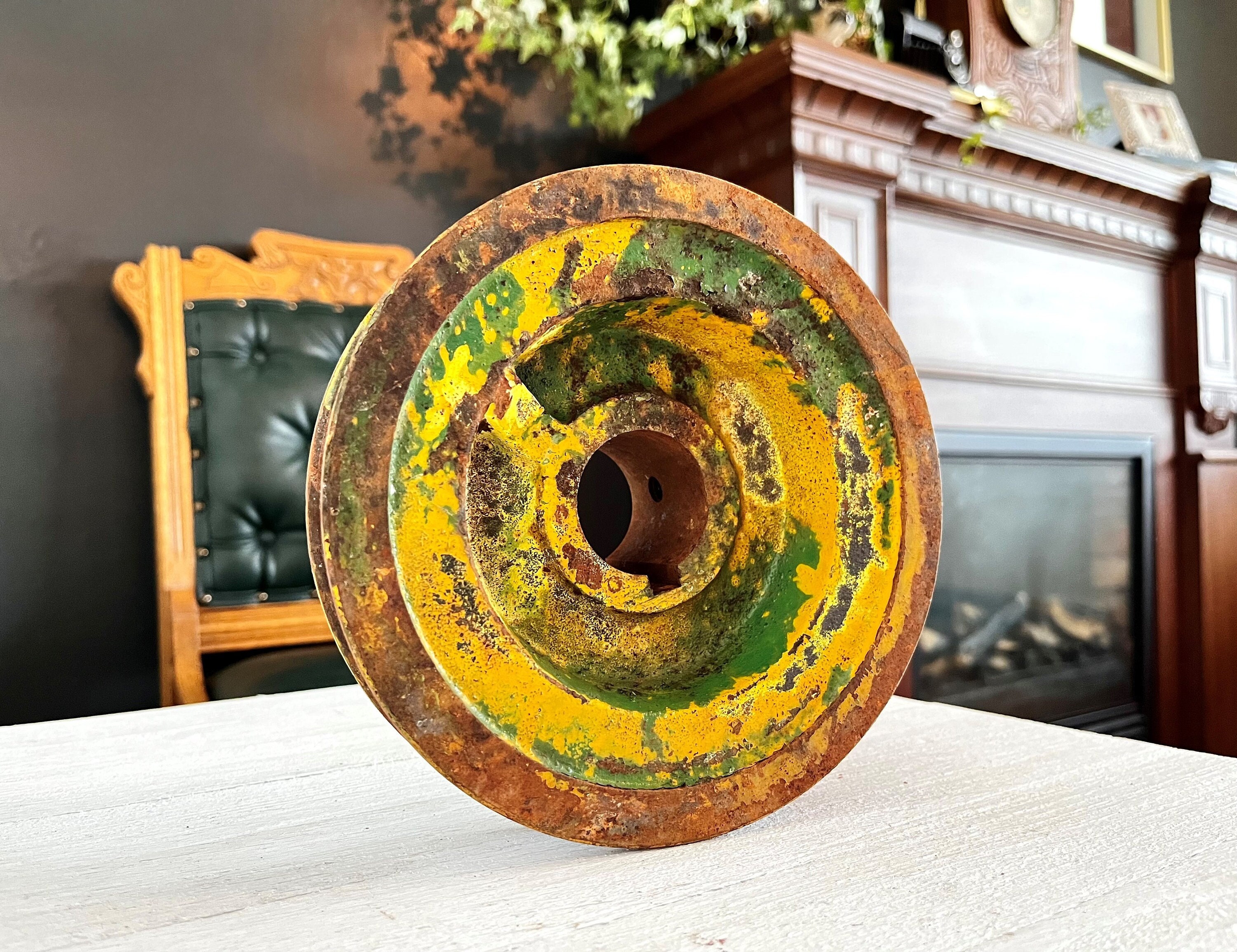 Antique Cast Iron Pulley Wheel, Green & Yellow Chippy Paint w/ Rust ...