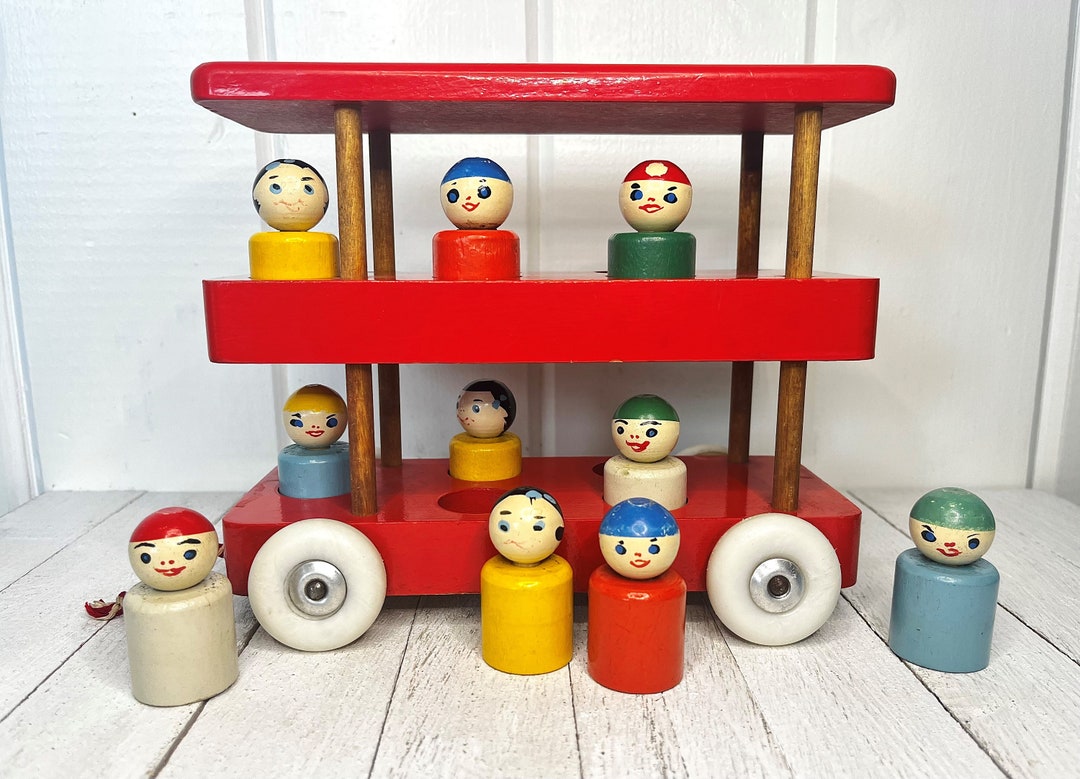 Vintage Double Decker Toy Bus, Wooden Vehicle and Little People, Iconic ...