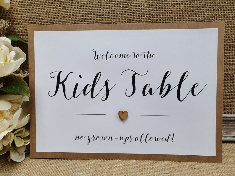 Kids Table Wedding Party Sign A4 with wooden heart white ivory | Etsy