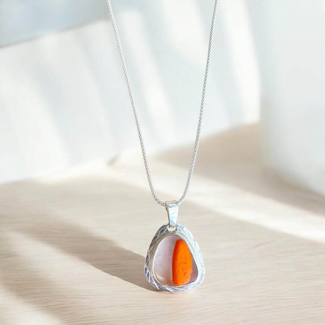 Orange Multi Sea Glass Pendant, Sterling Silver Sea Glass Necklace, Sea ...