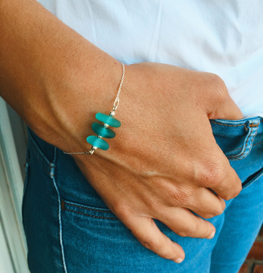 Beach Glass Bracelet. Sterling Silver Blue Beach Glass Bracelet. Be ...