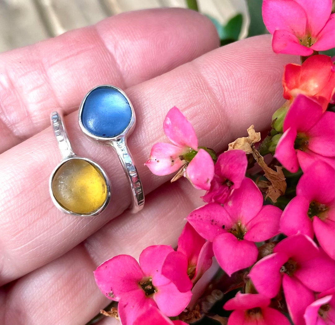 Sterling Silver Cobalt Blue and Yellow Sea Glass Ring. Adjustable Two ...