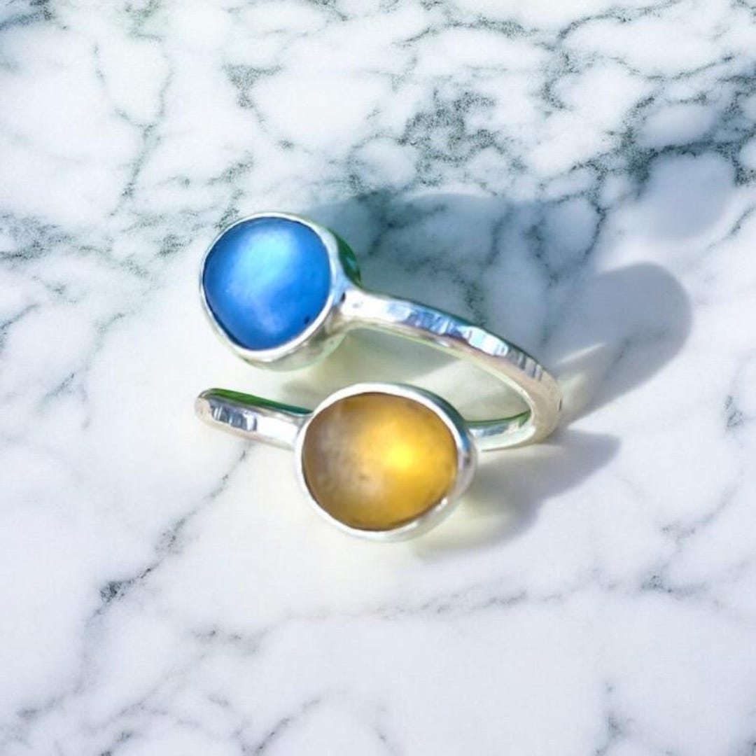 Sterling Silver Cobalt Blue and Yellow Sea Glass Ring. Adjustable Two ...