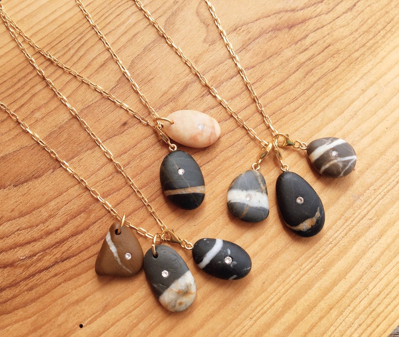 Natural pebble charms. Diamond gold charms for necklaces. | Etsy