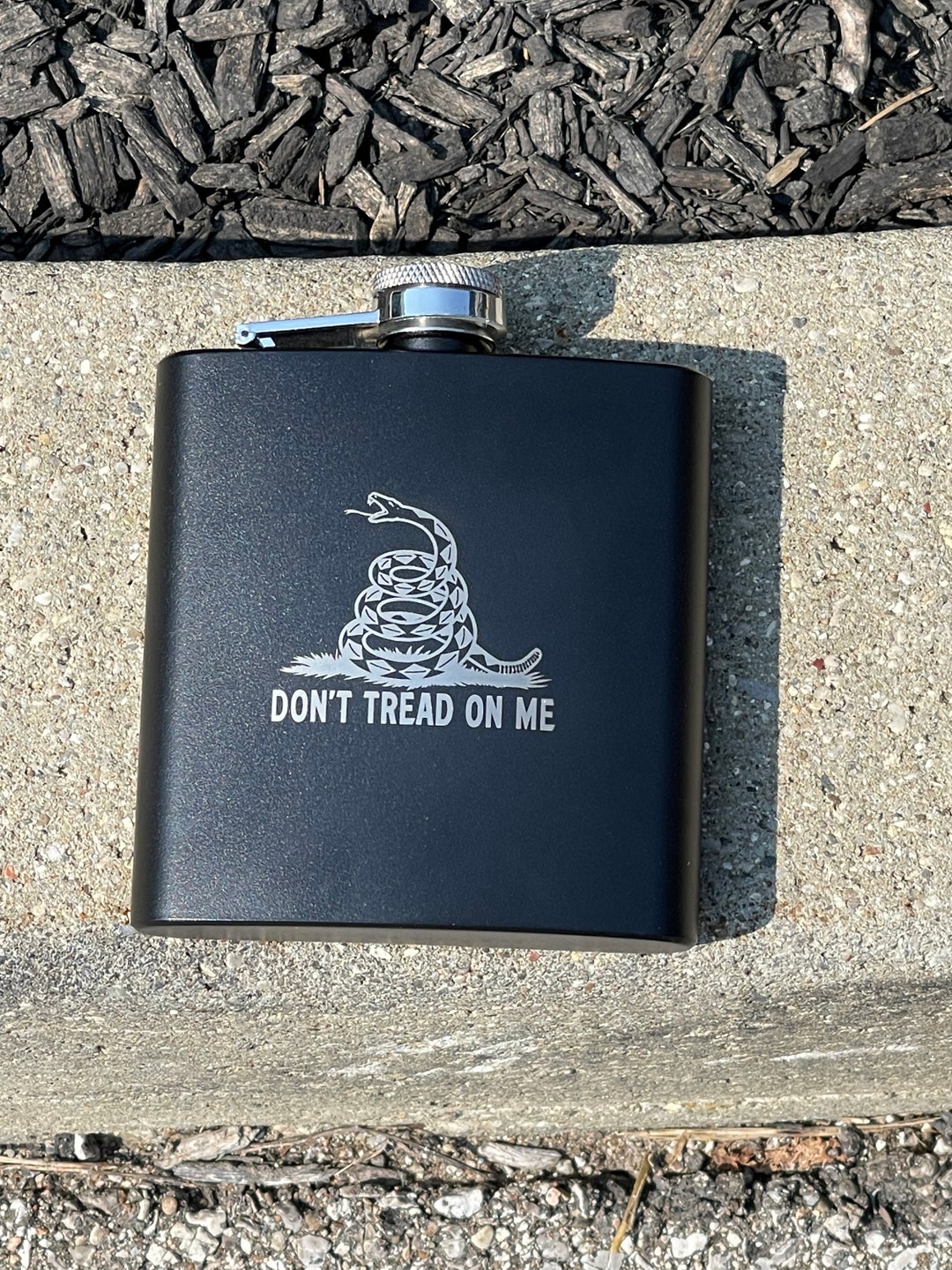6 Oz Black Stainless Steel Powder Coated Flask Don't Tread on Me Flask ...