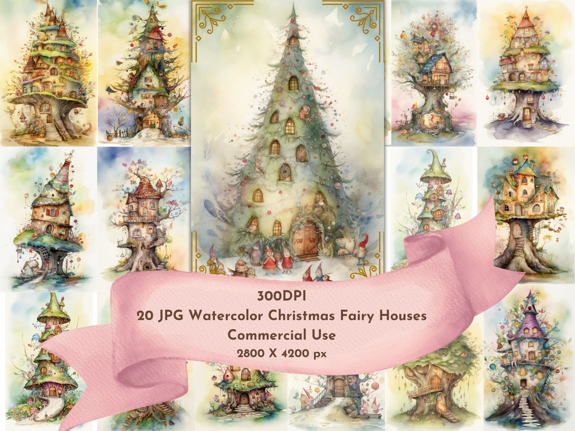 20 Watercolor Clipart Christmas Fairy House, JPG, Digital Paper, Craft ...