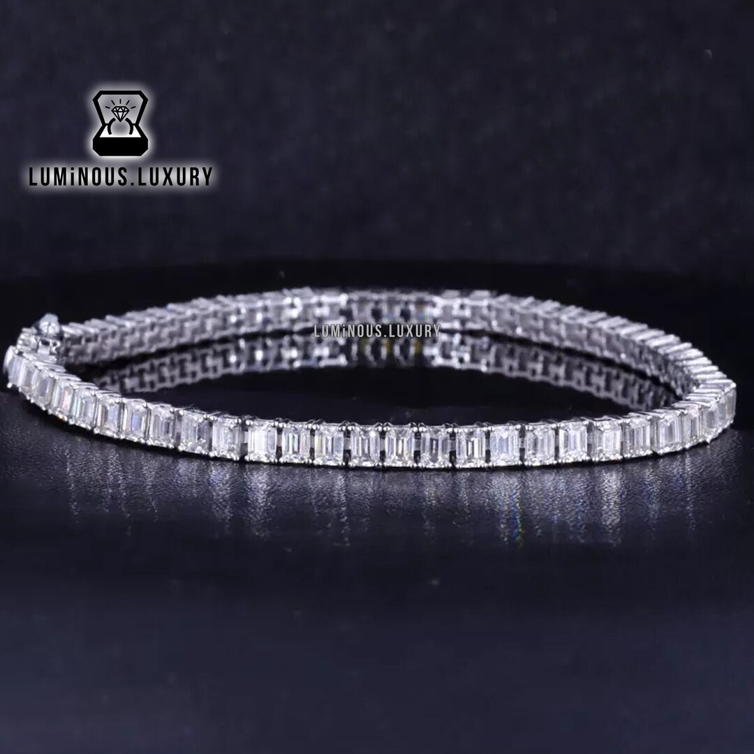 6x4mm Emerald Cut Colorless Moissanite Tennis Bracelet: Open Box Lock ...