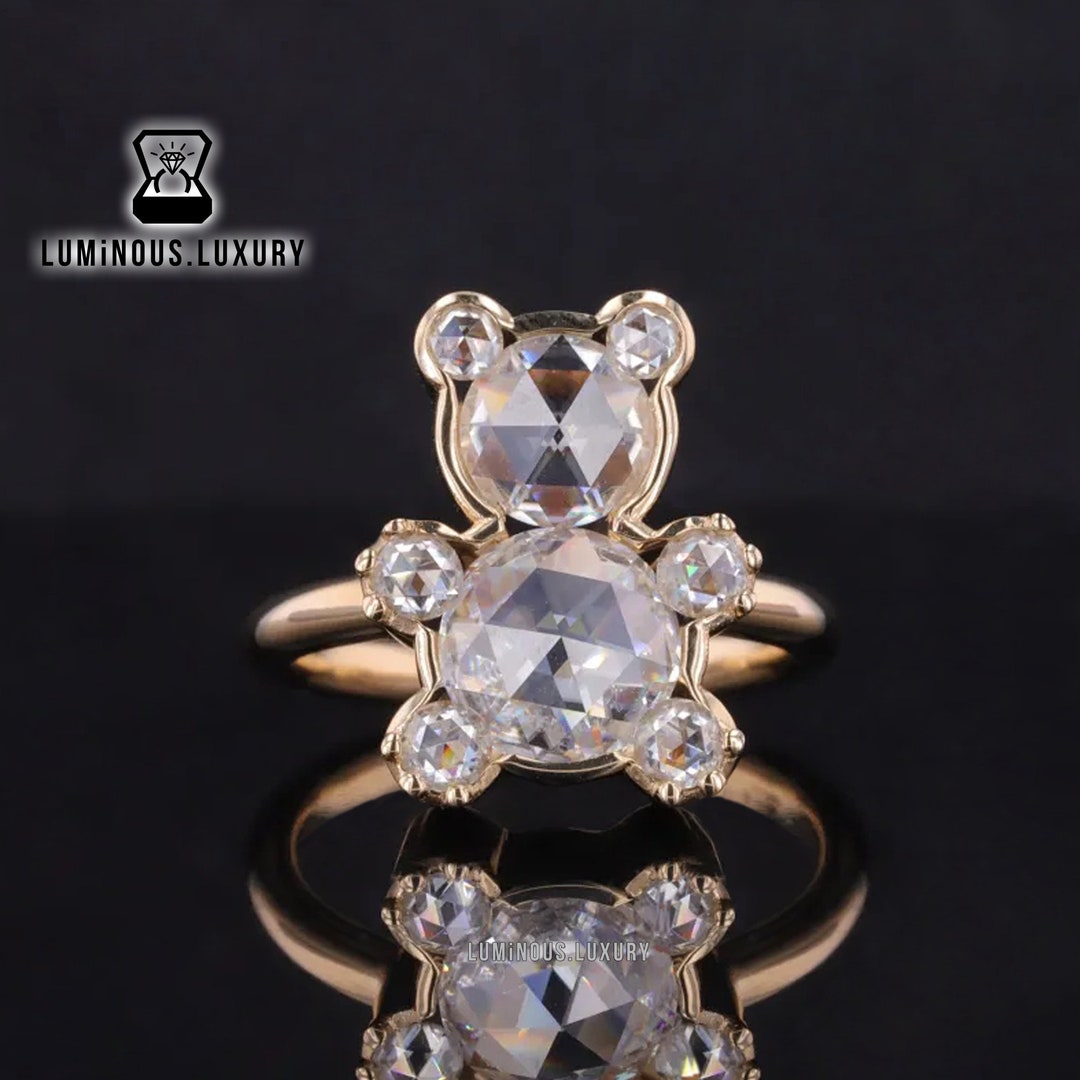 Adorable Cute Teddy Bear Ring, Stunning Round Rose Cut Colorless ...