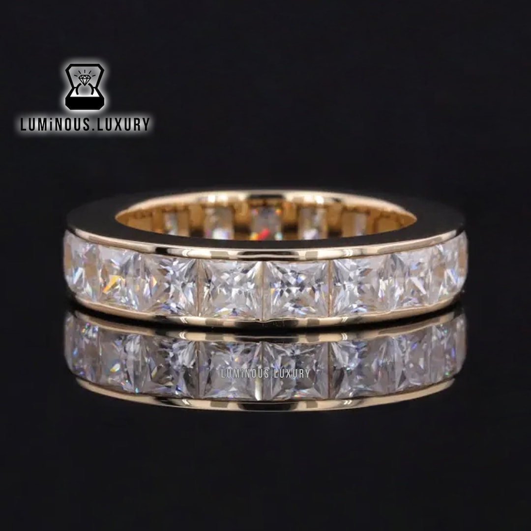 Square Stone Channel Set Band, Princess Cut Colorless Moissanite ...