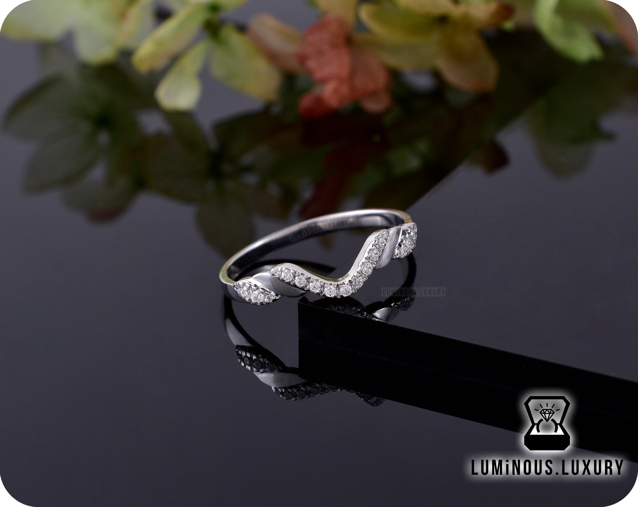 V Shaped Curved Wedding Band: Round Cut Colorless Moissanite Half ...