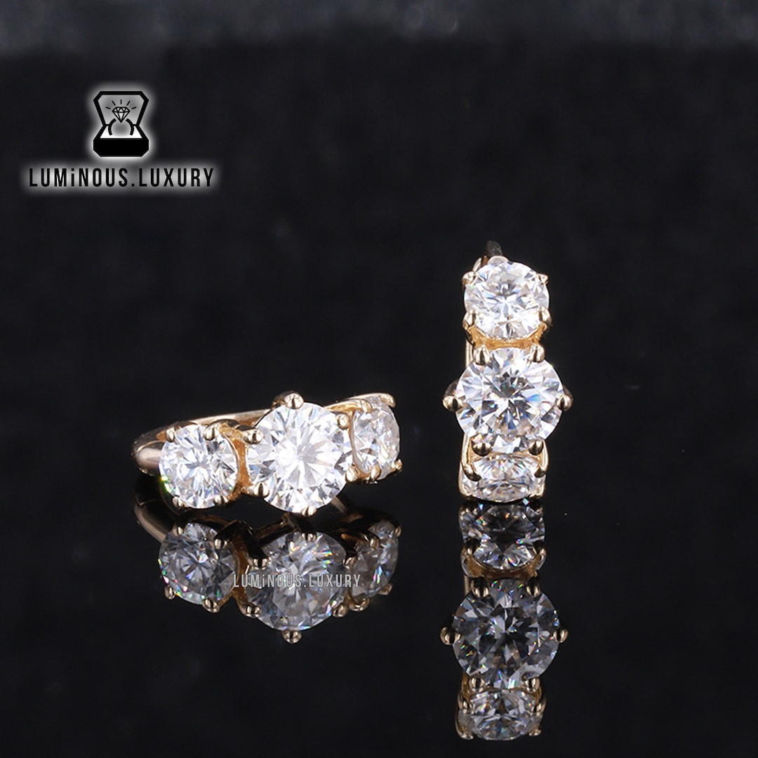 3 Stone Huggie Hoop Earrings, Sparky Round Cut Moissanite Anniversary ...