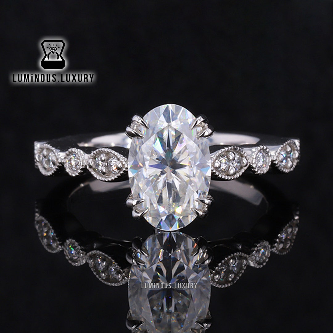 Art Deco Double Claw Prong Bridal Ring, 2.5/ 3/ 4 Carat Elongated Oval ...