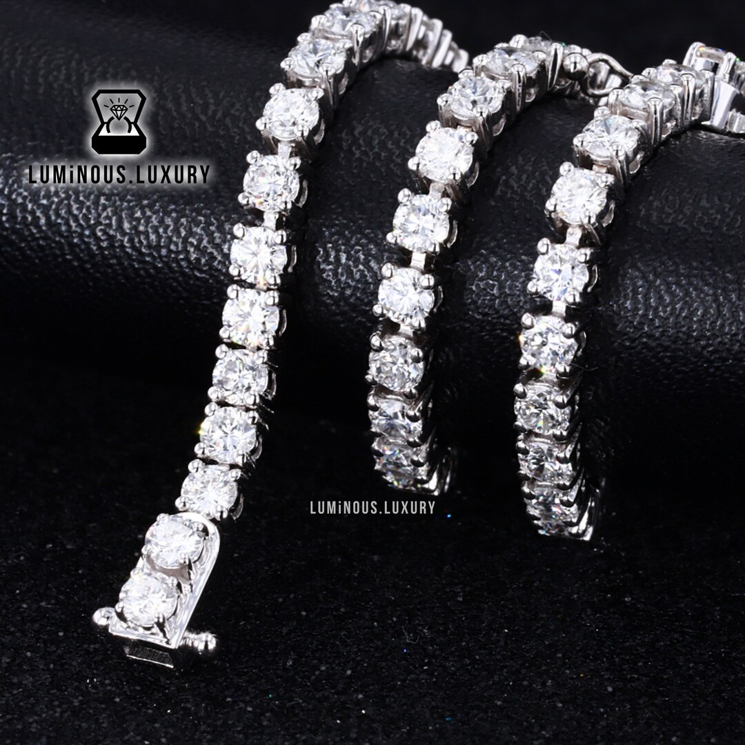 14K White Gold Tennis Bracelet: 4mm Round Cut Moissanite Wedding ...