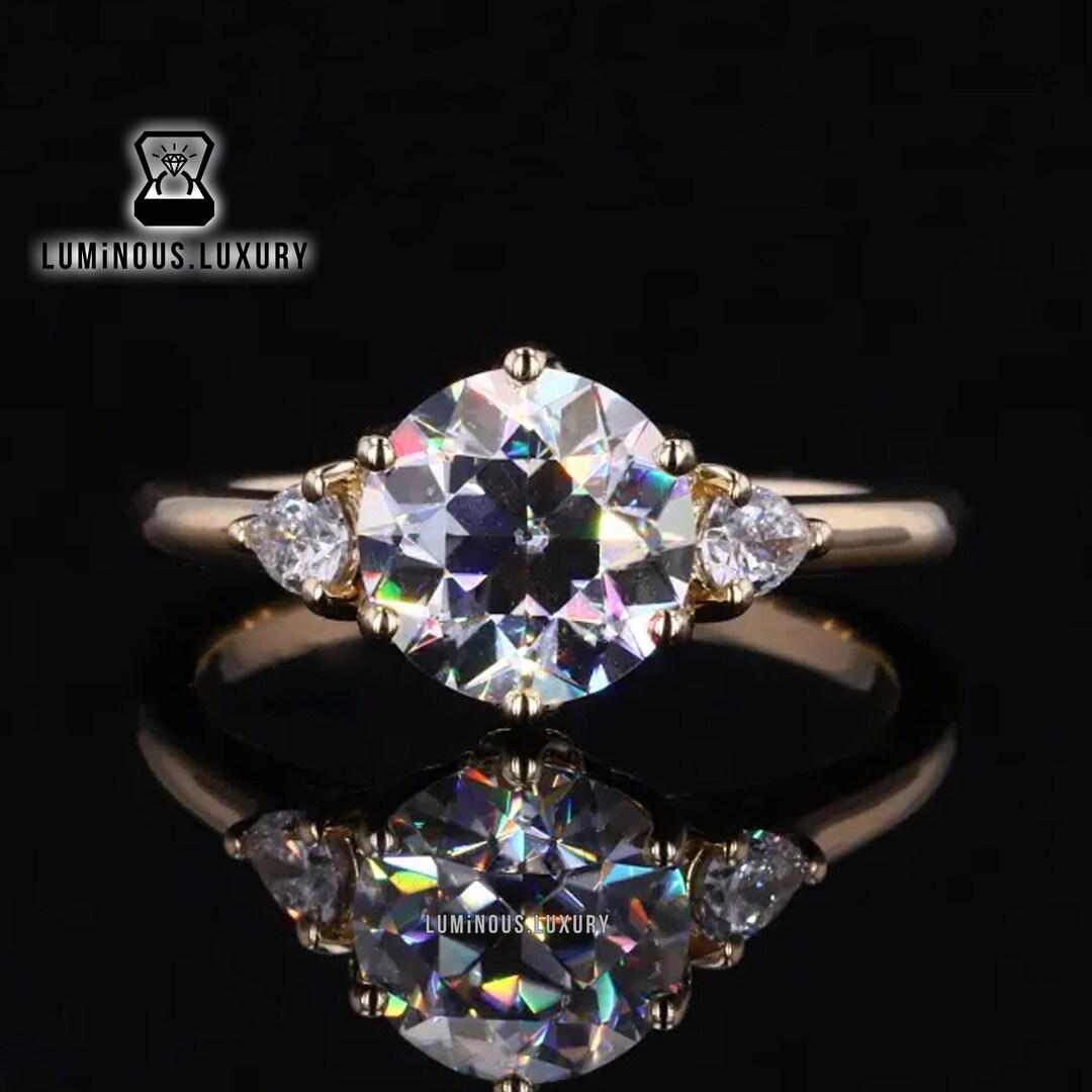 3 Stone Tulip Basket Set Ring, 1.5/ 2/ 3 Carat Old European Round With ...