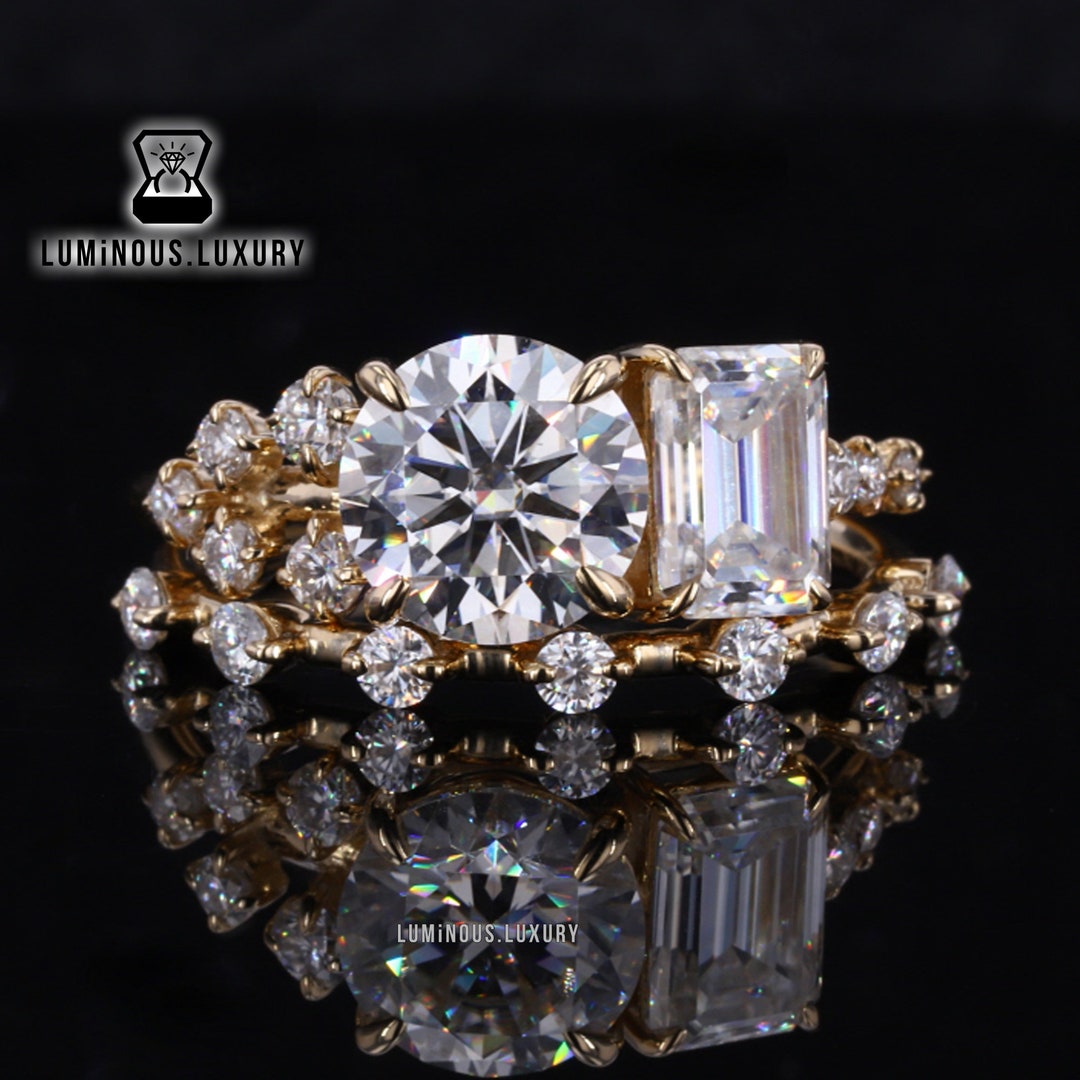 Art Deco Bridal Set, Wonderful Round With Emerald Cut Moissanite Two ...