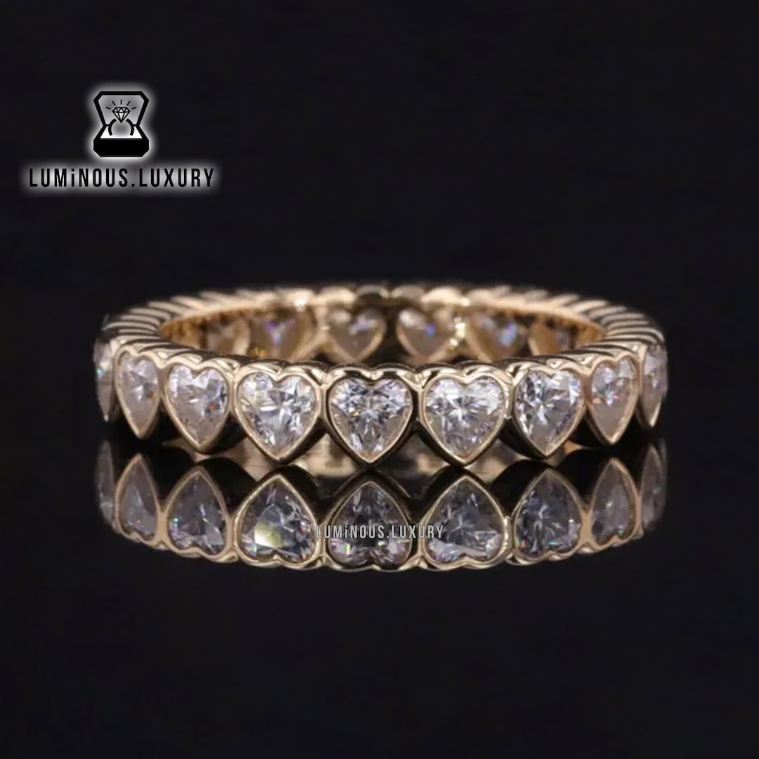 Full Bezel Set Eternity Wedding Band, Pretty Heart Cut Colorless ...