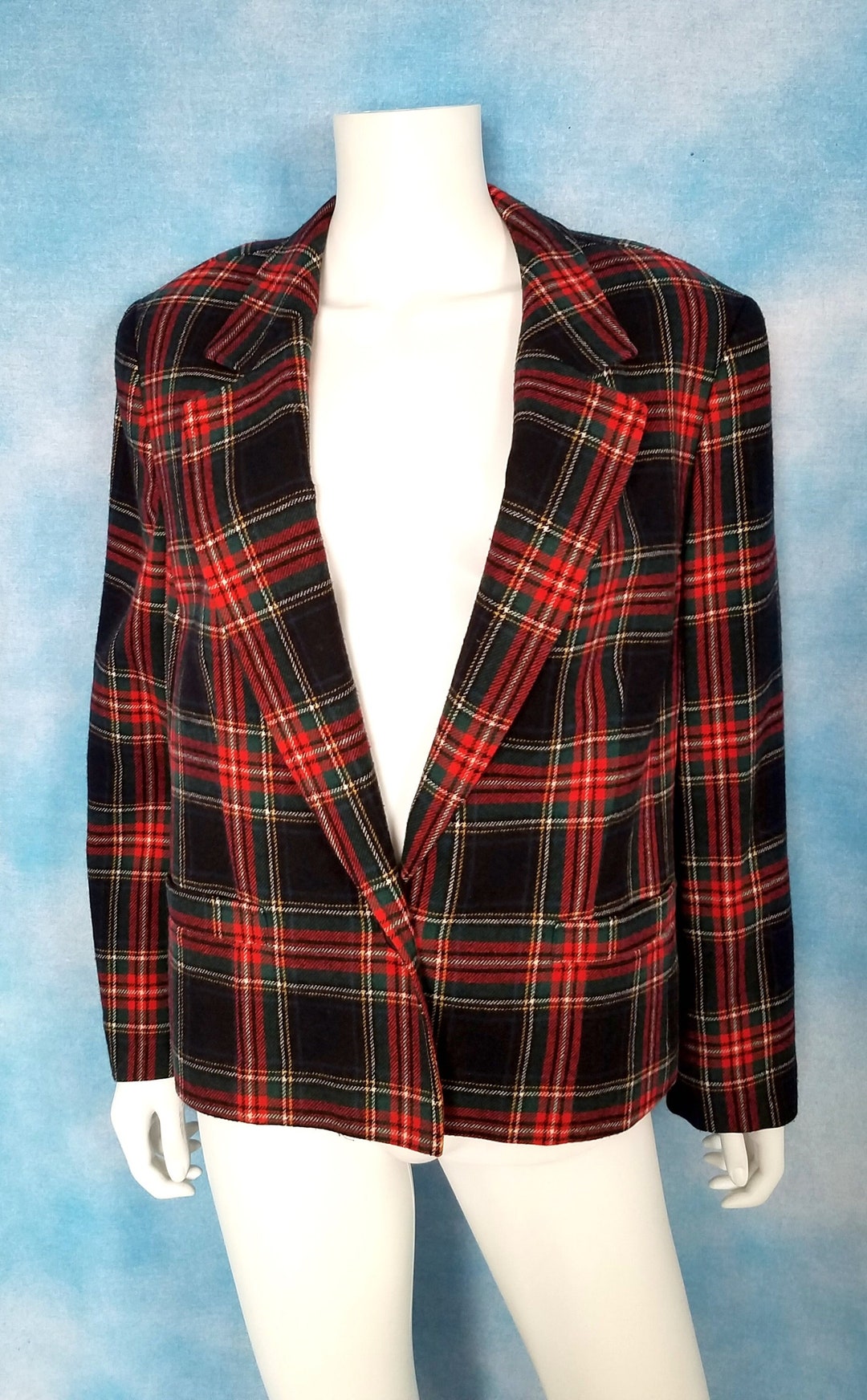 Vintage 90s Plaid Tartan Wool Blazer, Single Button With Single Welt Pockets, Black, Red, White ...
