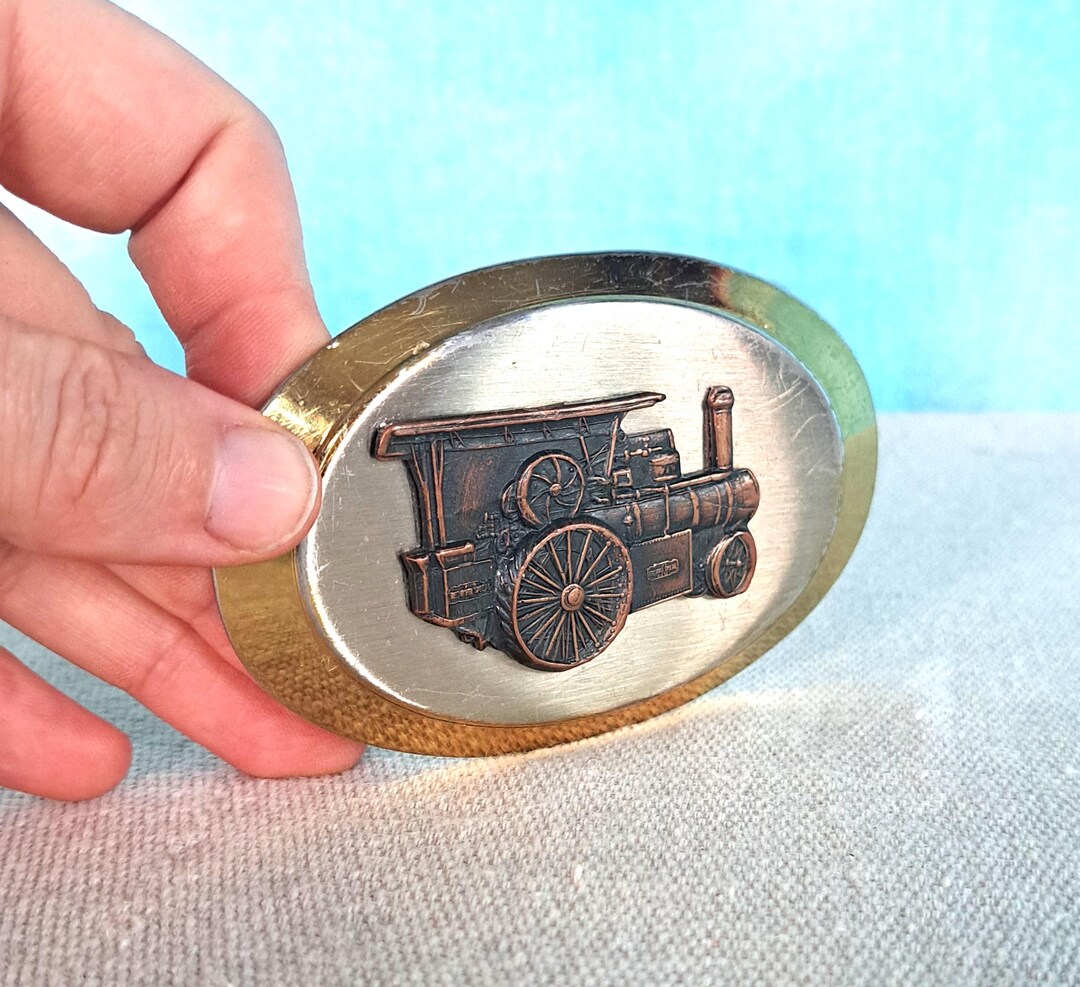 Vintage Oval Brass Beveled Belt Buckle With Antiqued Copper Tone Steam ...