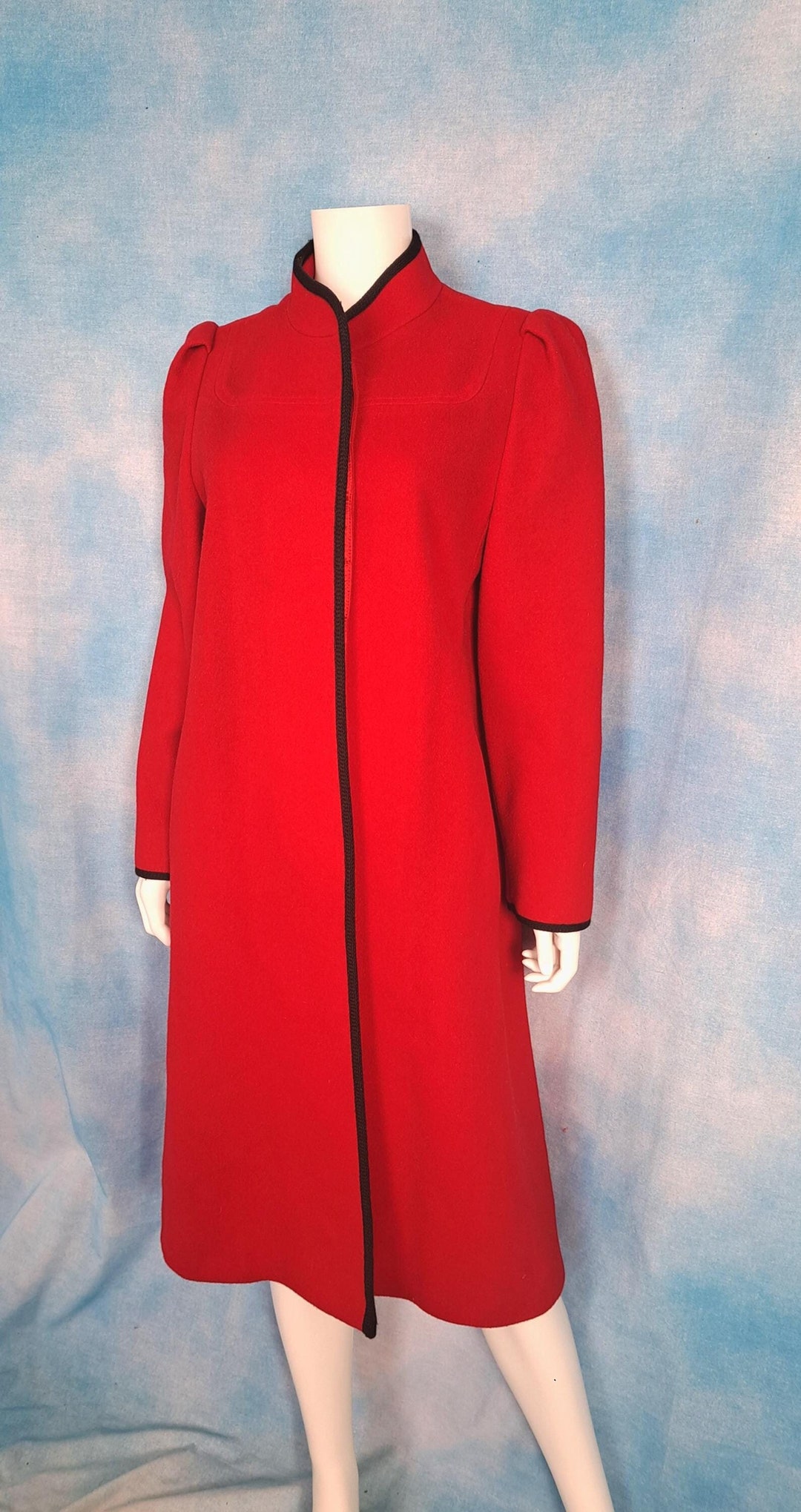Vintage 80s Cherry Red Wool Minimalist Princess Coat With Black Piping ...