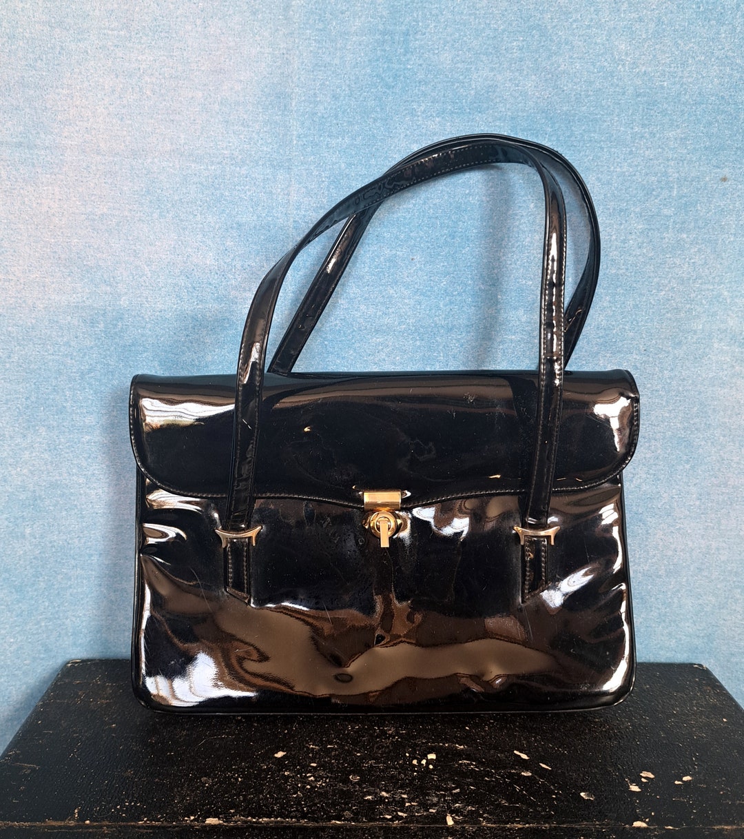Vintage 50s Black Patent Leather Top Handle Purse Handbag With Gold ...