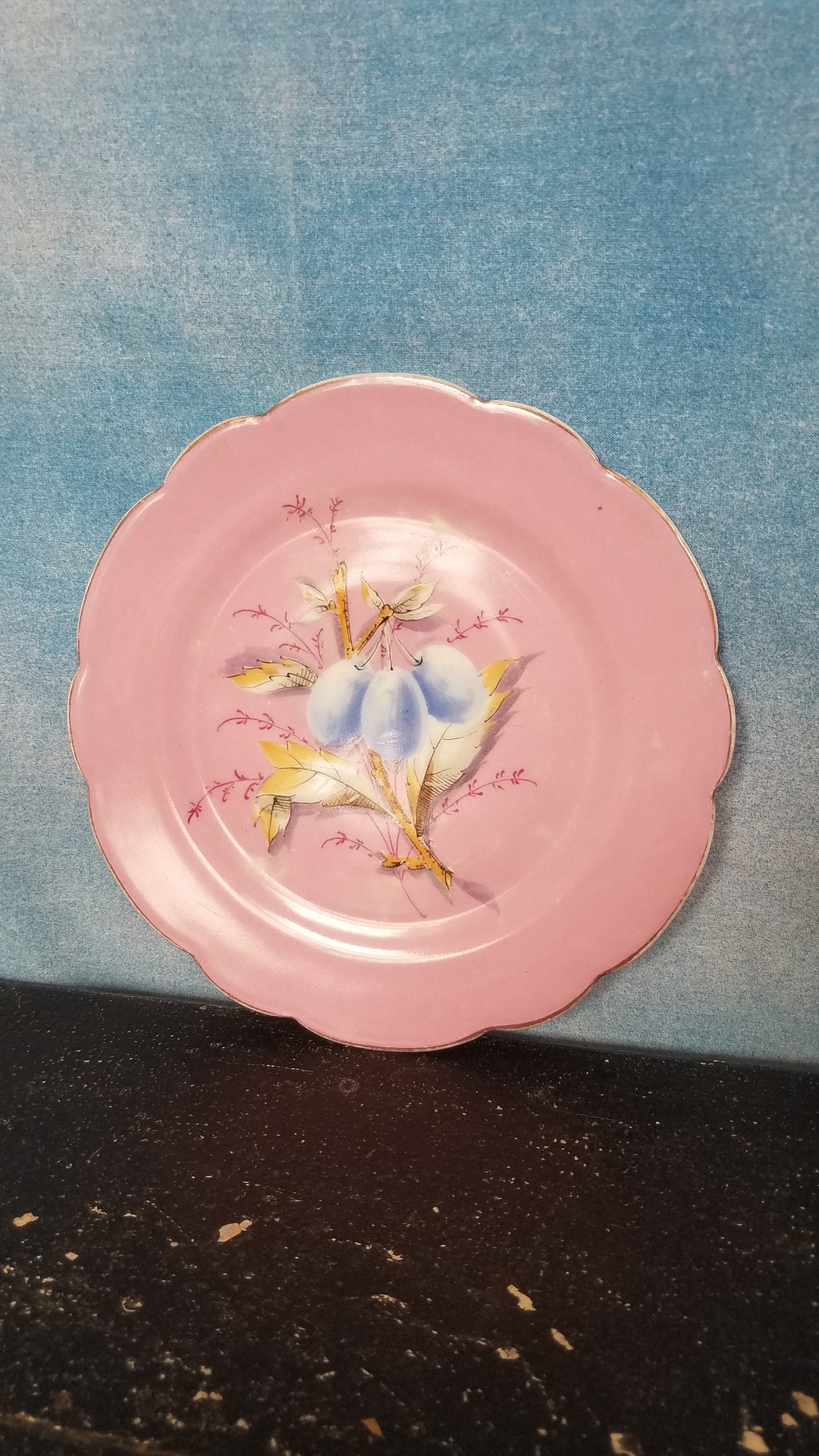 Vintage Antique 1880s Pink China Salad Plate Hand Painted, Purple Plums ...