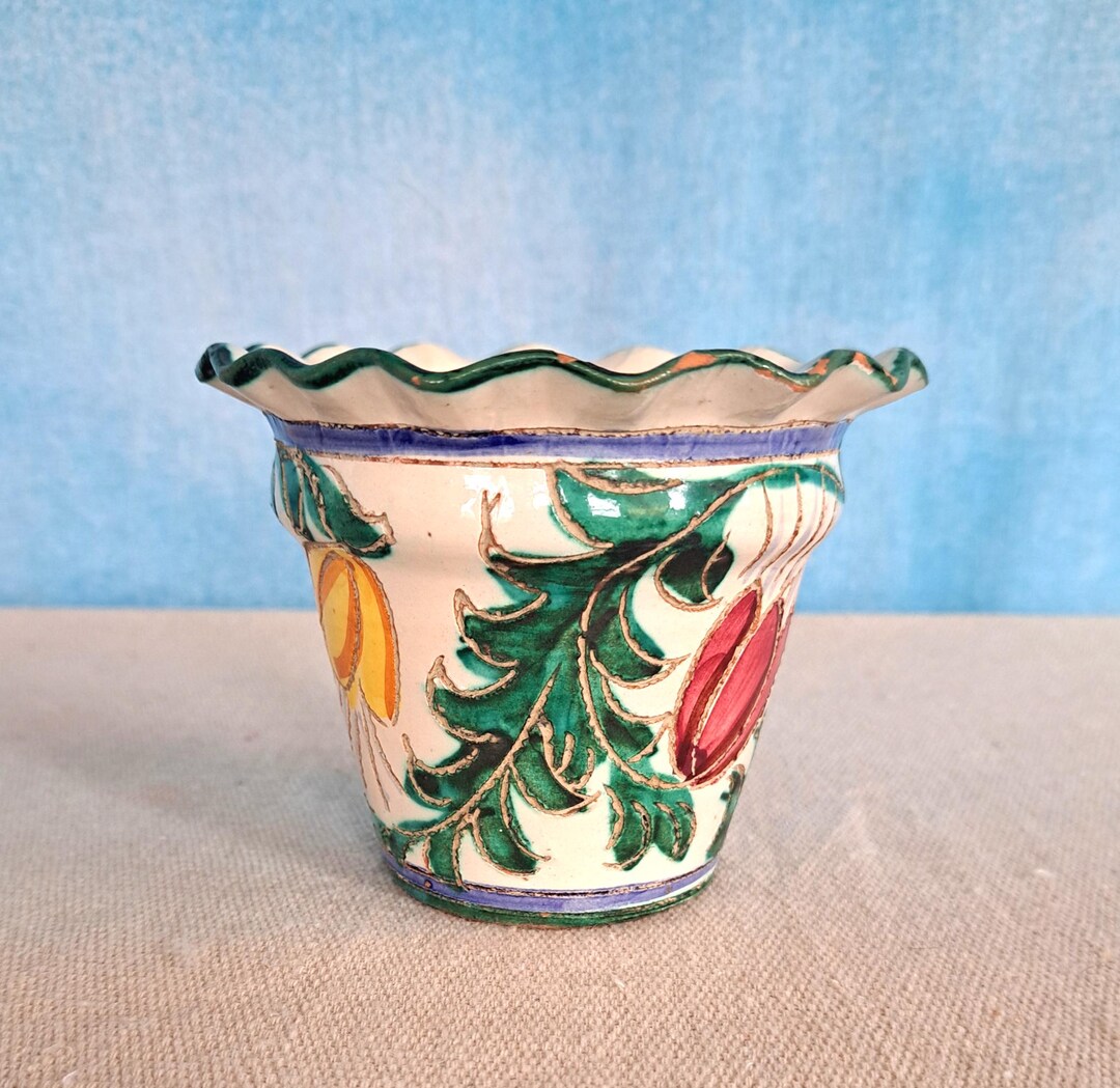 Vintage Hand Made Small Plant Pot, Hand Painted Scored Pottery With ...