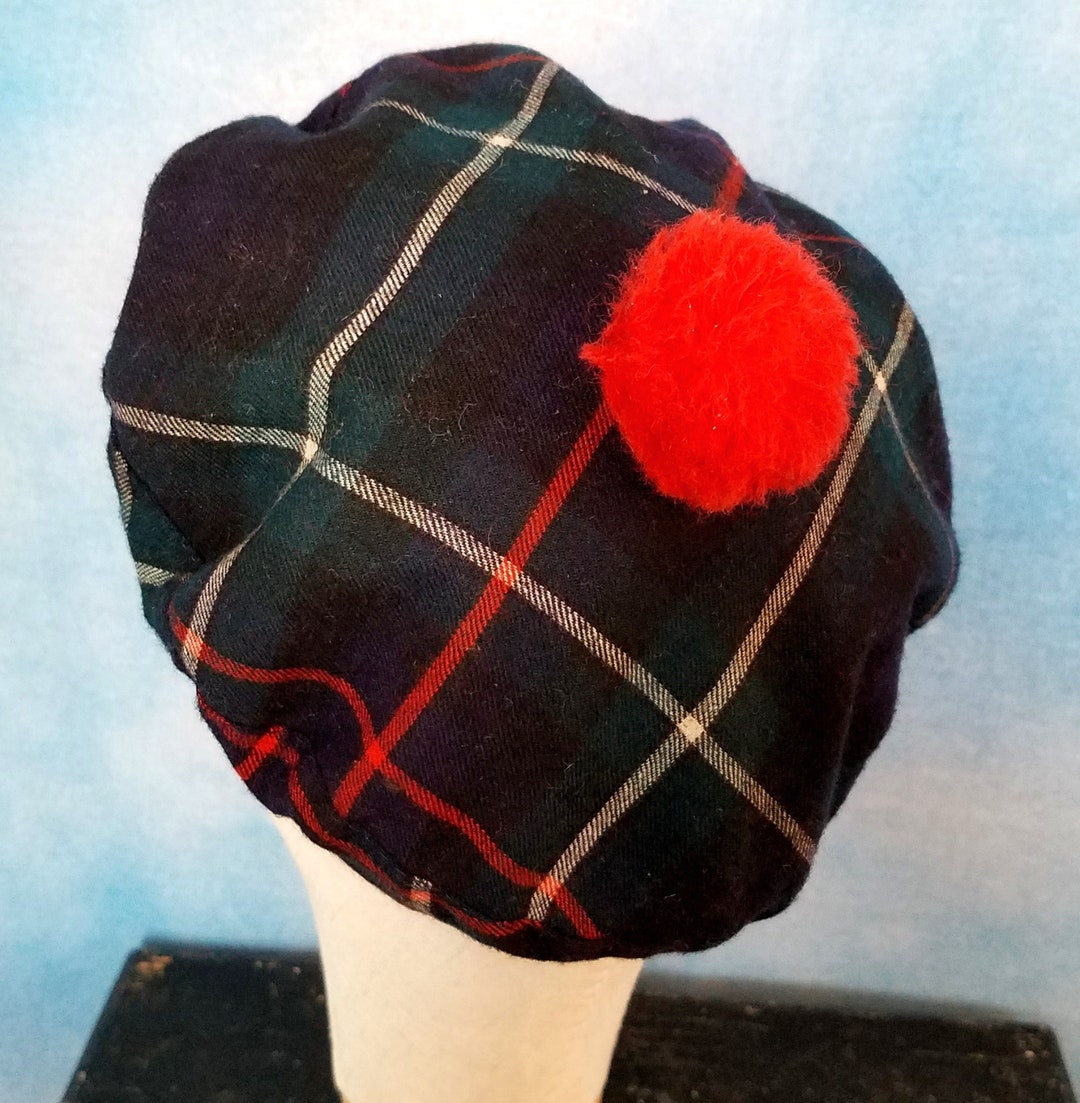 Vintage 60s Lightweight Wool Tam Beret Hat, Blue Green Tartan W Red ...