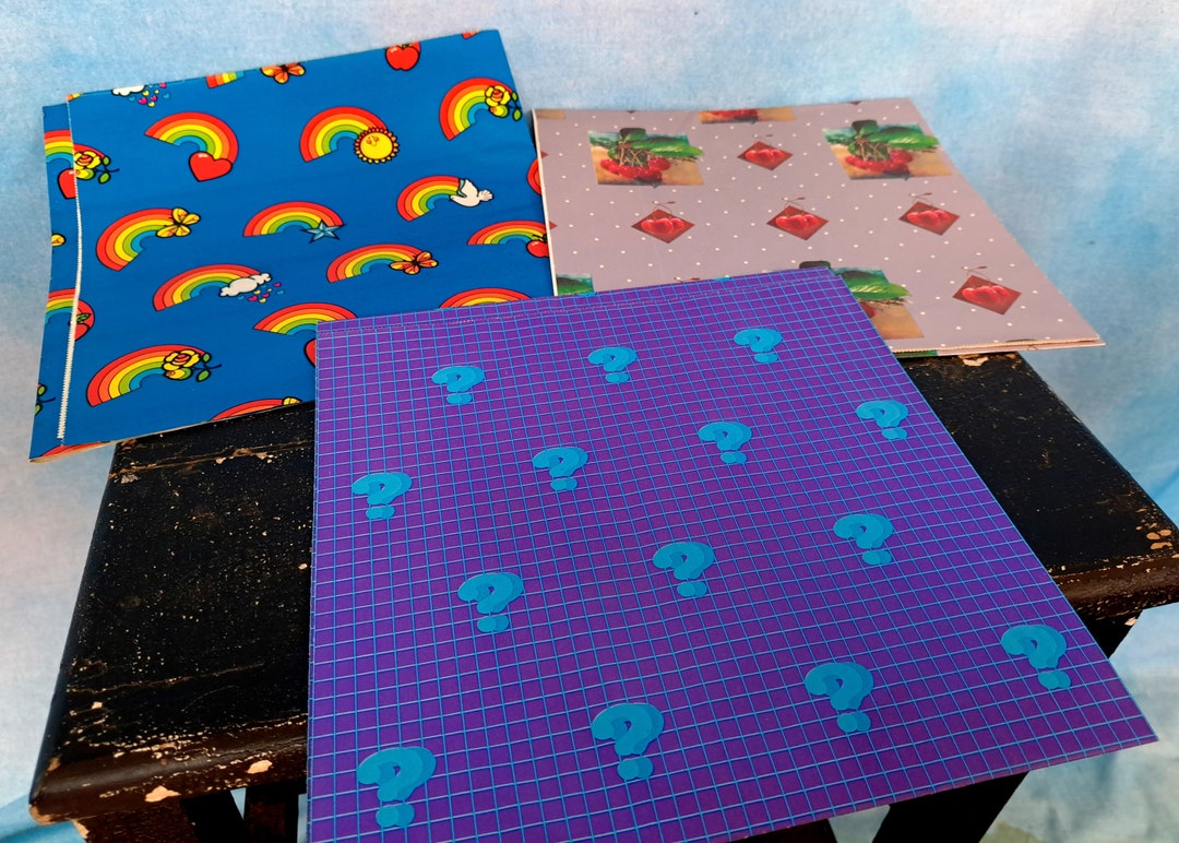 Vintage 80s 3 Sheets of Wrapping Paper/ Purple Grid With Aqua Question ...
