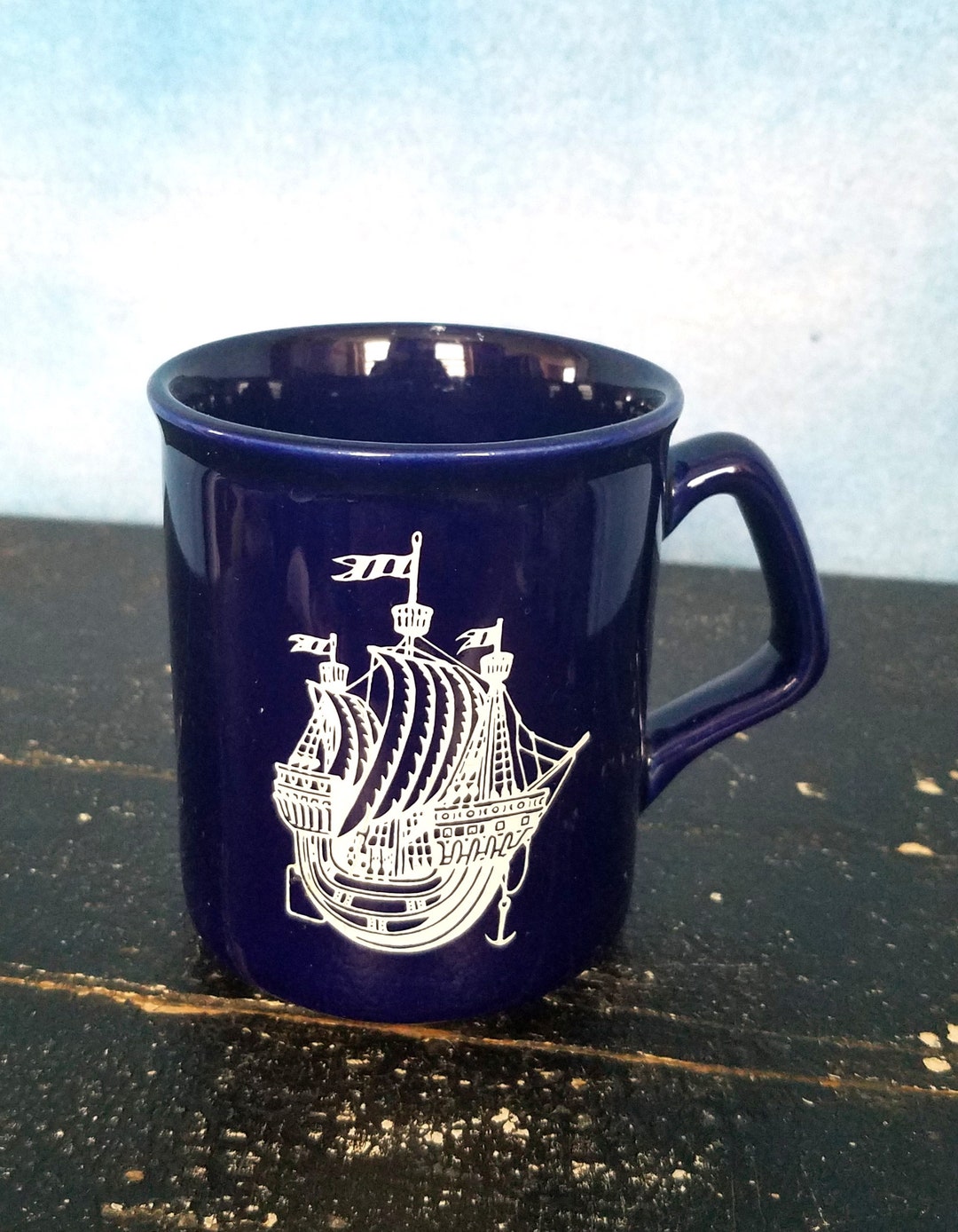 Vintage 70s Clipper Ship Pirate Ship Ceramic Coffee Mug, Cobalt Indigo ...