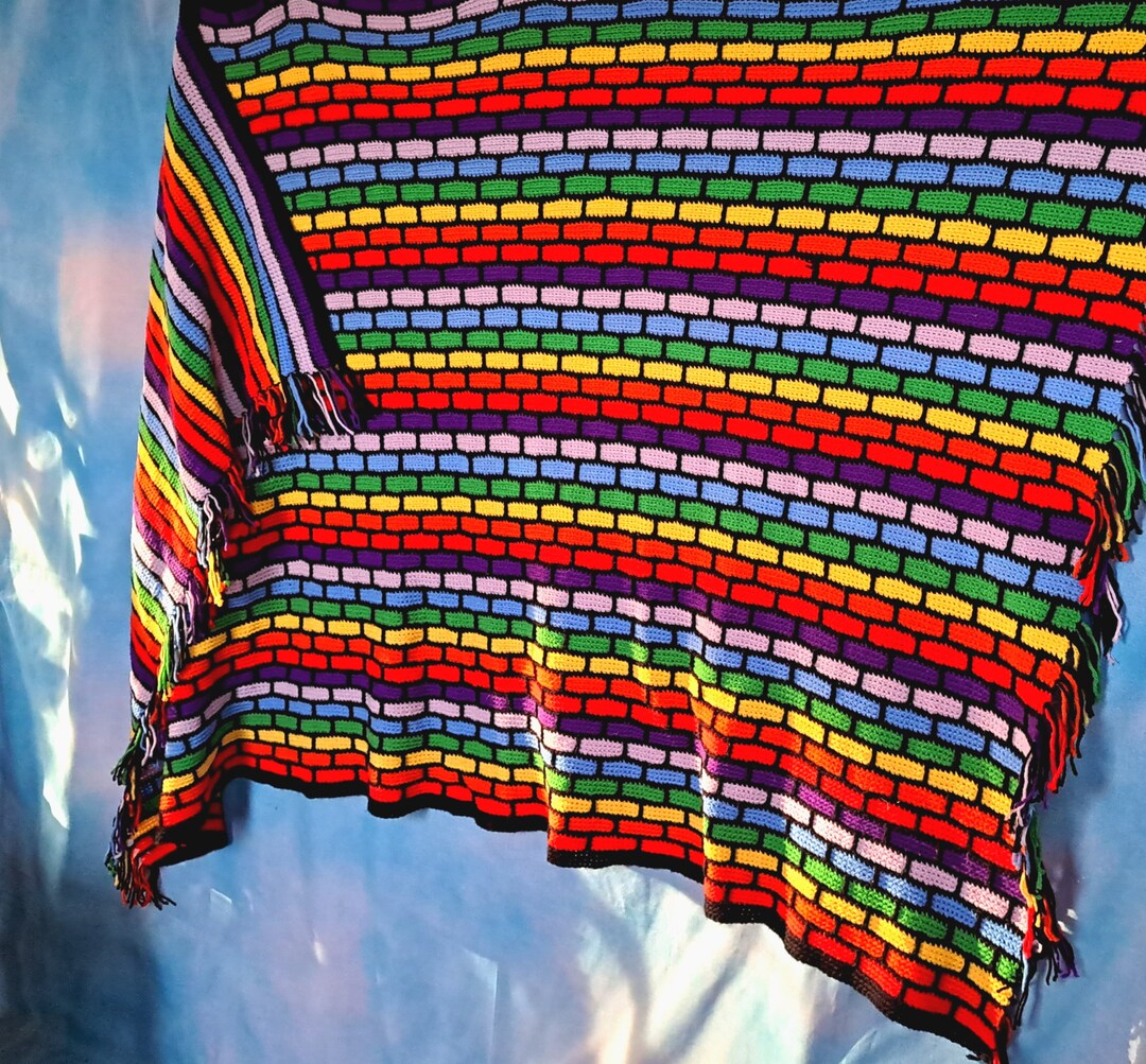 Vintage 70s Large Rainbow and Black Brick Striped Stained Glass Look ...