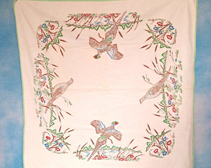 Vintage 1940s Square Cotton Tablecloth With Printed Male and Female Pheasants, Nature Scenes ...