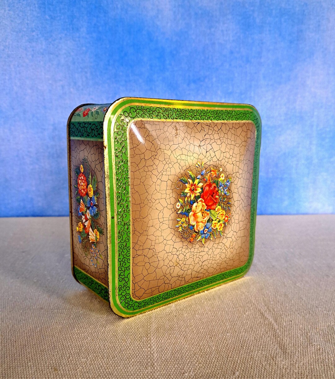 Vintage 1950s Embossed Square Hinged Lid Lithographed Tin With Domed ...