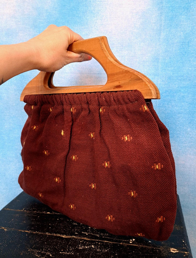 Vintage 1940s Large Homemade Woven Cloth Purse With Wooden - Etsy
