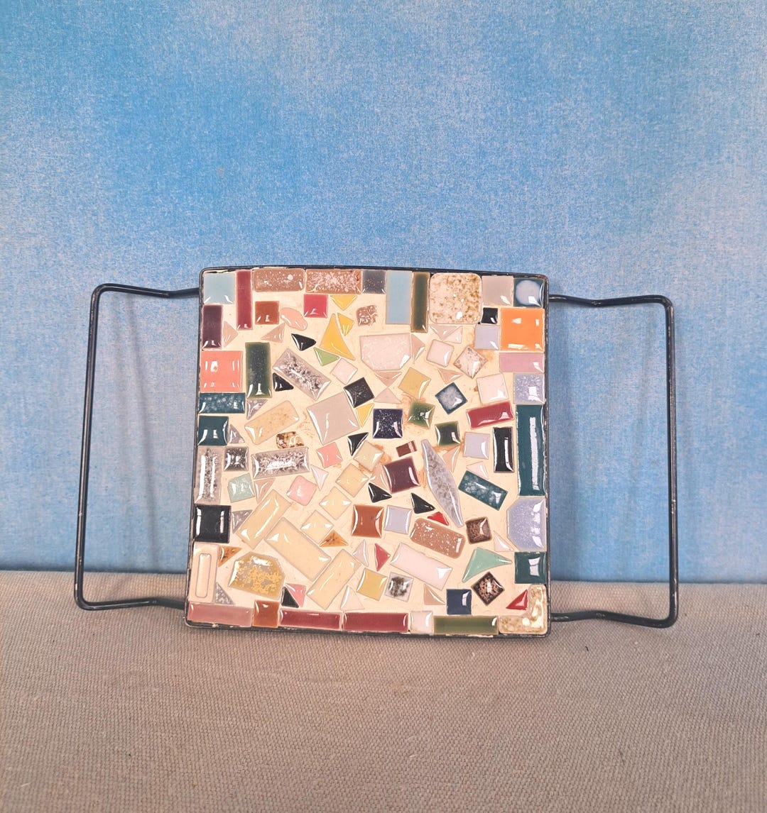 Vintage 60s Square Colorful Mosaiced Tile Trivet With Black Wire Metal ...