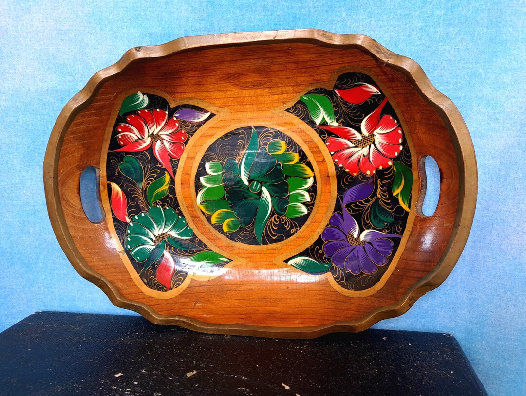 Vintage Wooden Concave Mexican Folkloric Hand Painted Tray Dish With ...
