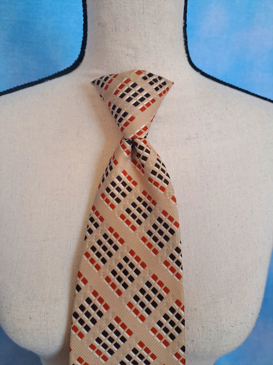 Vintage 70s Wide Blade Clip on Tie, Khaki With Rust and Dark Brown ...